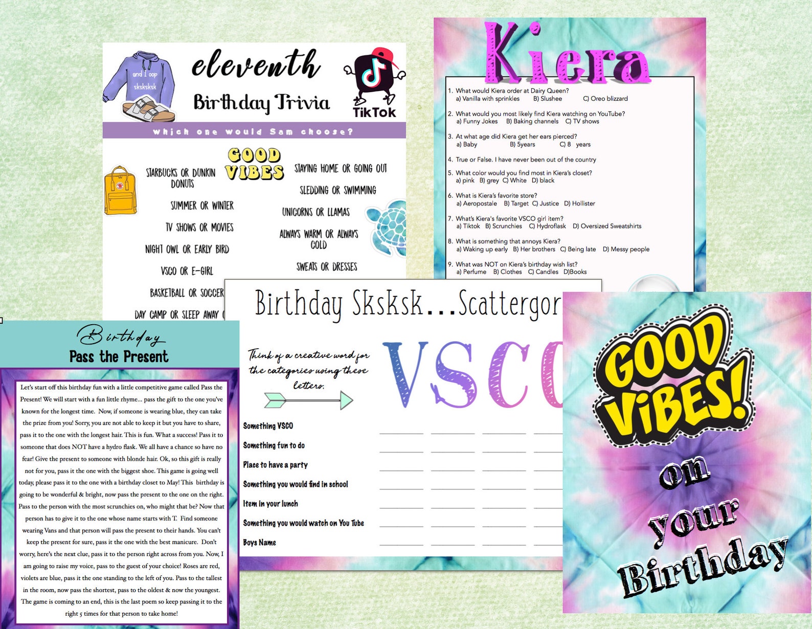 Girls vsco Birthday Party Game Bundle Trivia, Scattergories, Pass the ...