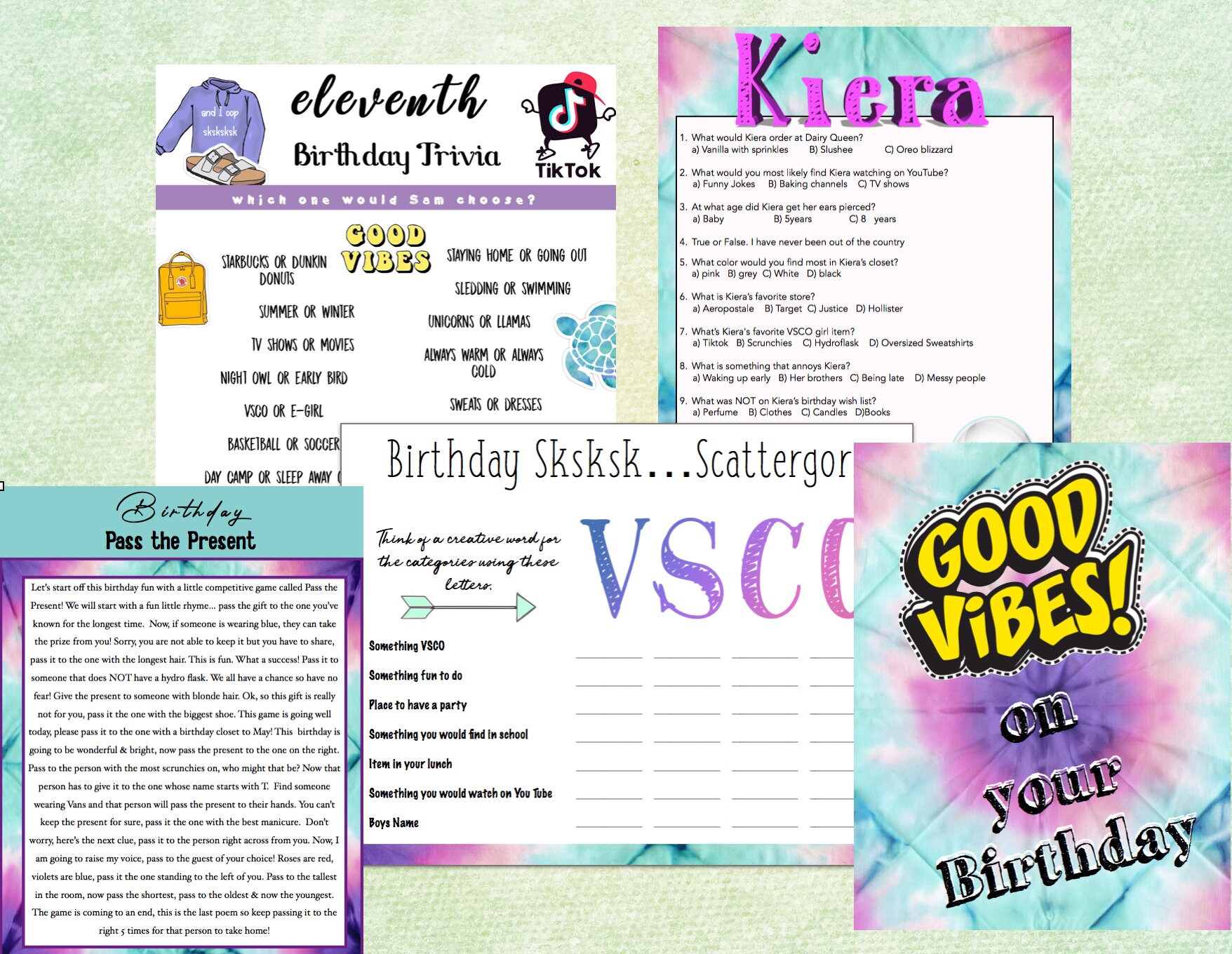 Girls vsco Birthday Party Game Bundle Trivia, Scattergories, Pass the ...