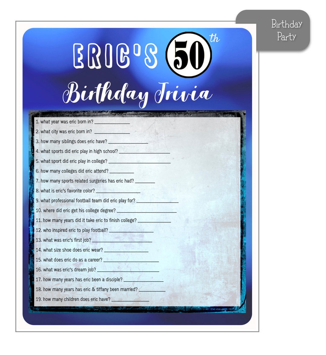 Birthday Party Game Custom Trivia Game | Custom Printable Trivia Game ...