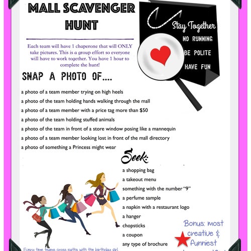 Mall Scavenger Hunt Game Instant Download Custom Order Pdf Etsy