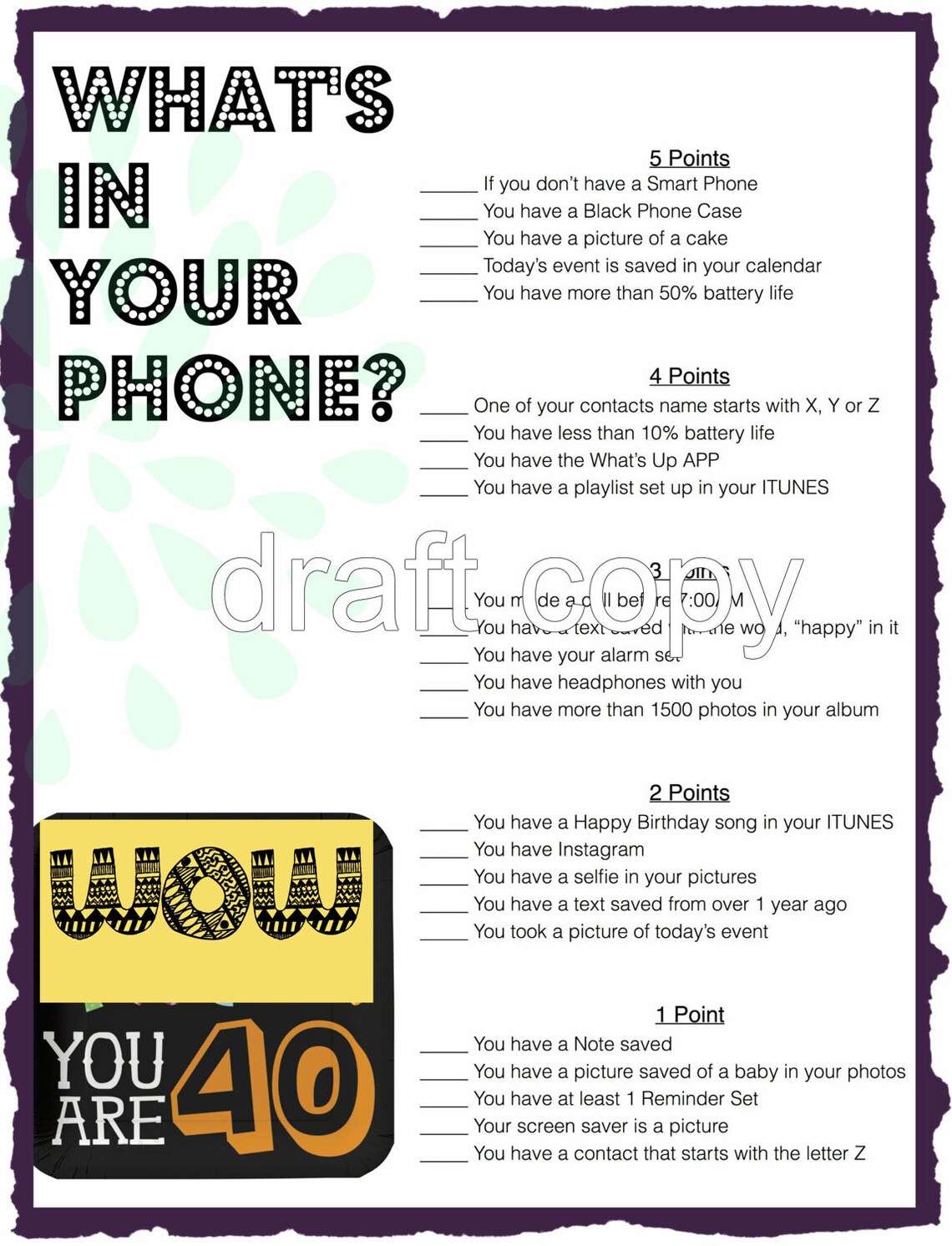40th Birthday Party Game Whats in Your Phone - Etsy