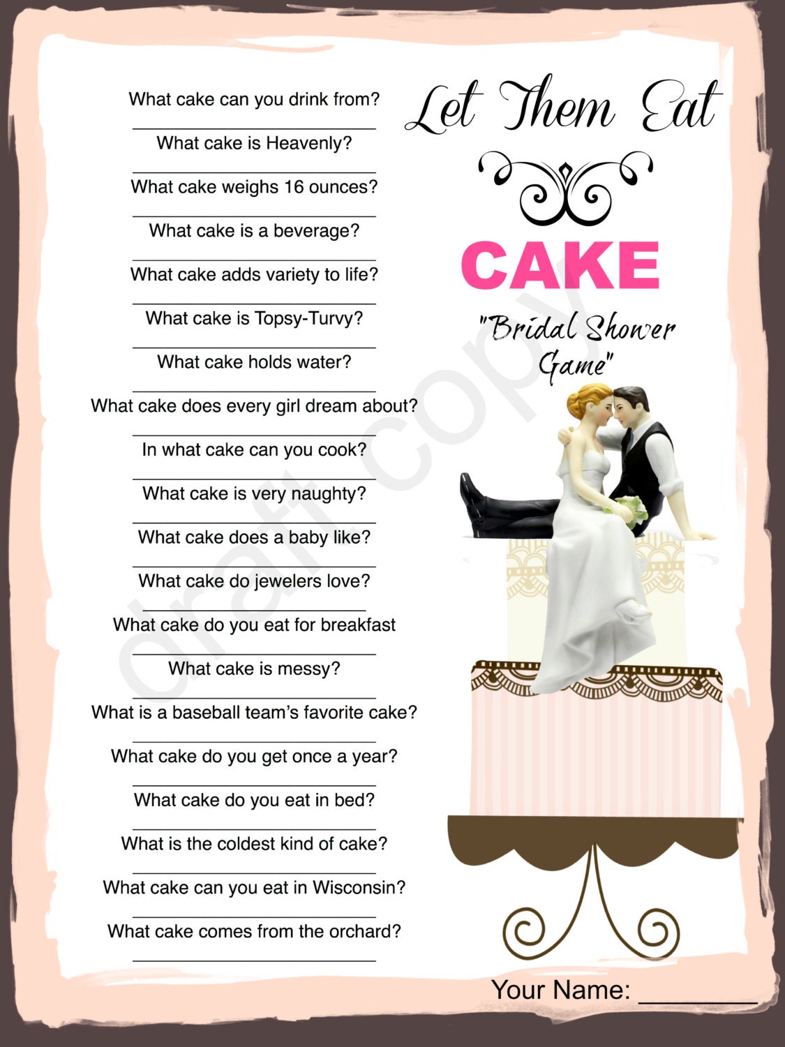 Bridal Shower Game Cake Trivia-instant Download - Etsy