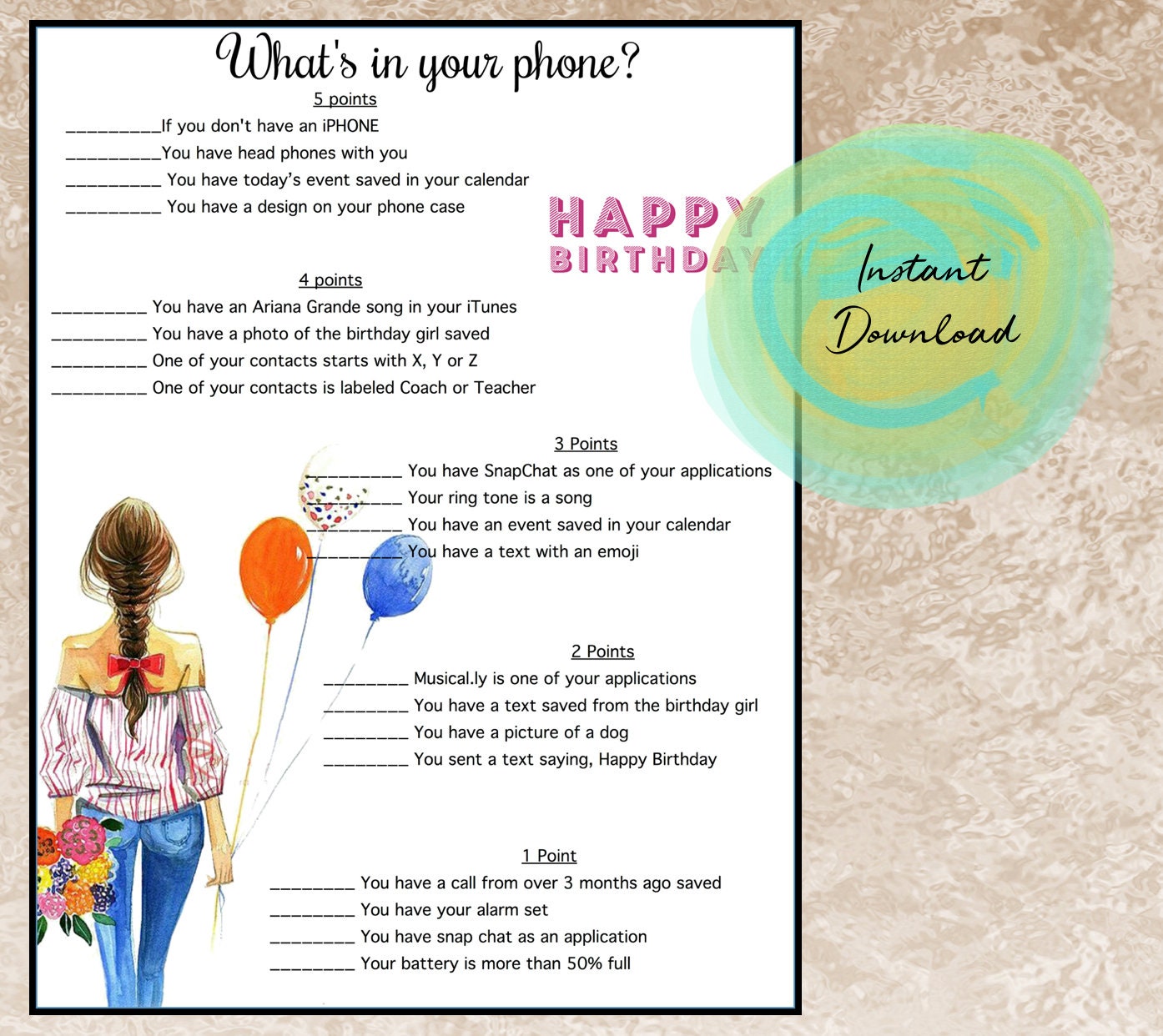 Girls Birthday Party Game-Whats in your phone Tween Party | Etsy