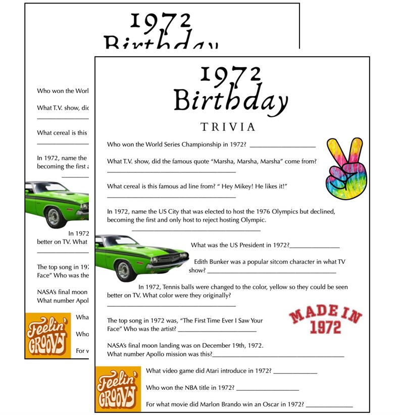 50th Birthday Party, 1972 Birthday Party Game Questions From 1972 ...