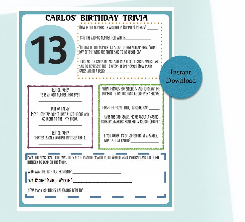 13th Birthday Trivia Game Instant Download Everything to Do With the ...
