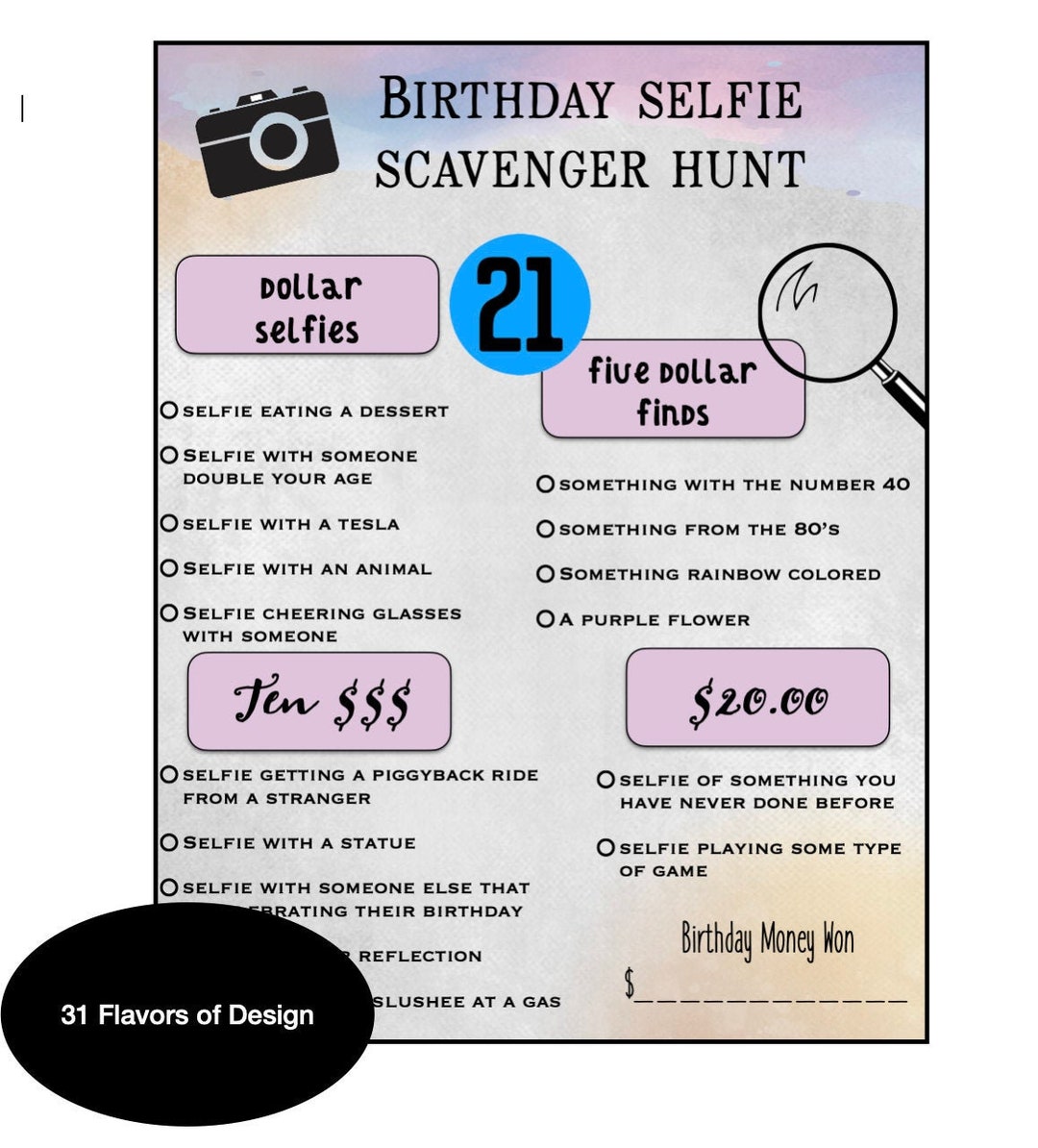 Selfie Birthday Scavenger Hunt, Win for Money, Scavenger Hunt Game ...