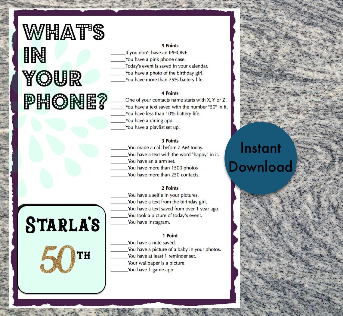 50th Birthday Party Game Whats in Your Phone-birthday Party - Etsy