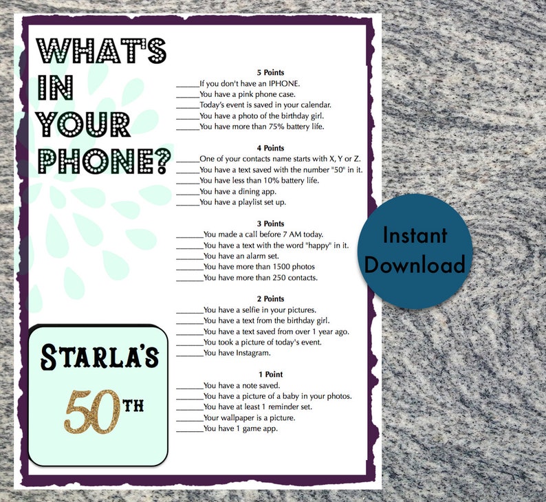 50th Birthday Party Game Whats in Your Phone-birthday Party - Etsy