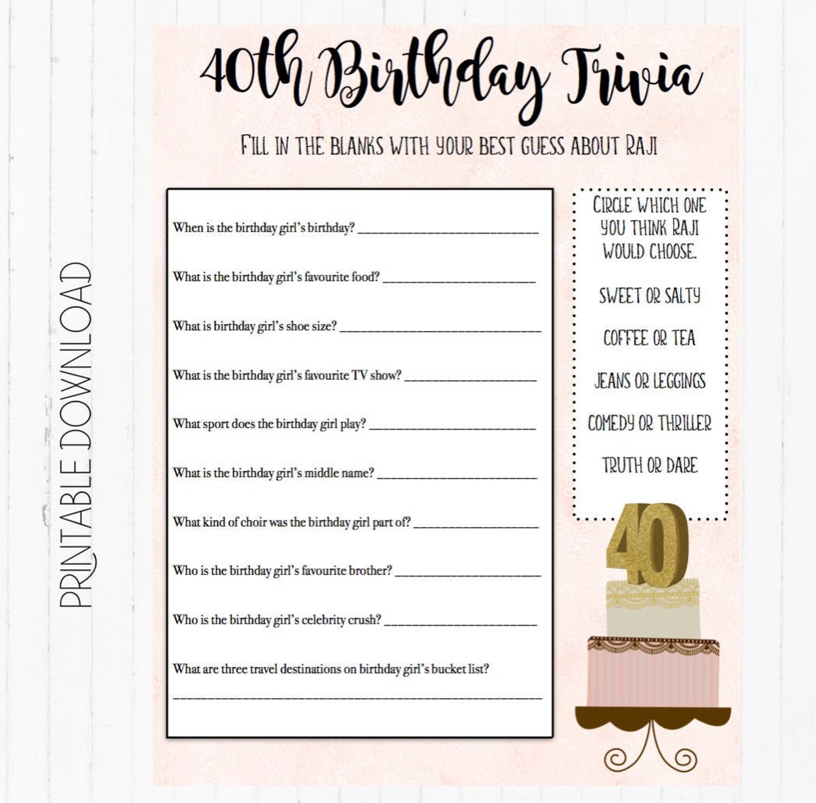 Custom 40th Birthday Trivia Game Instant Download Birthday Trivia Game ...