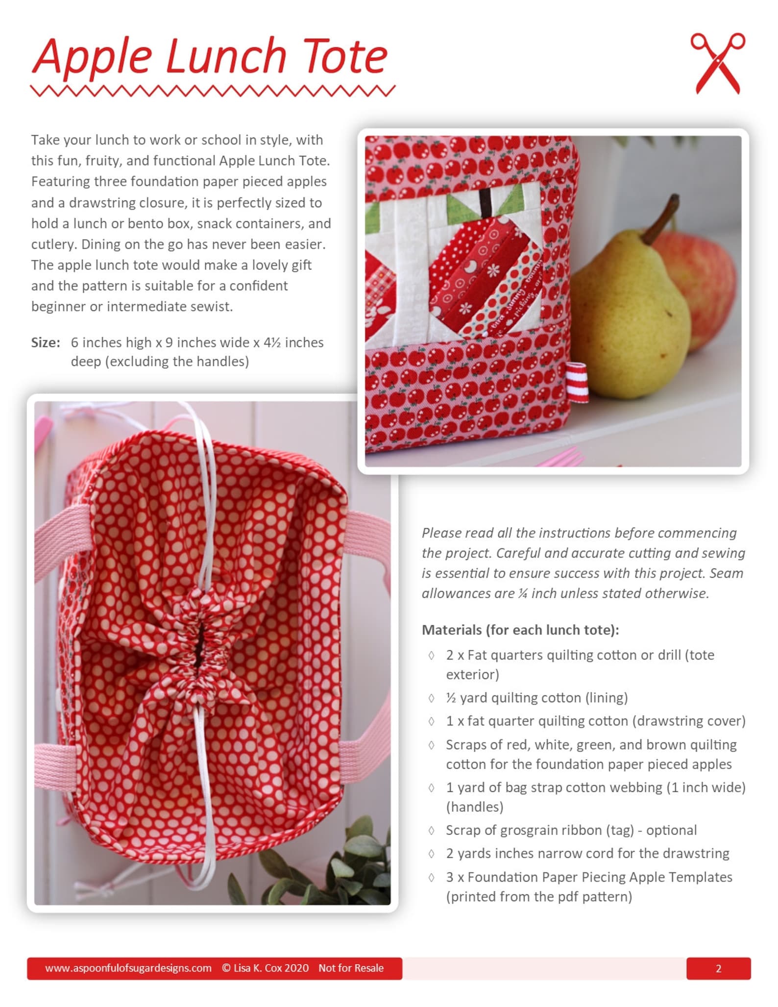 Apple Lunch Tote PDF Sewing Pattern; Fabric Lunch Bag; Reusable Lunch ...