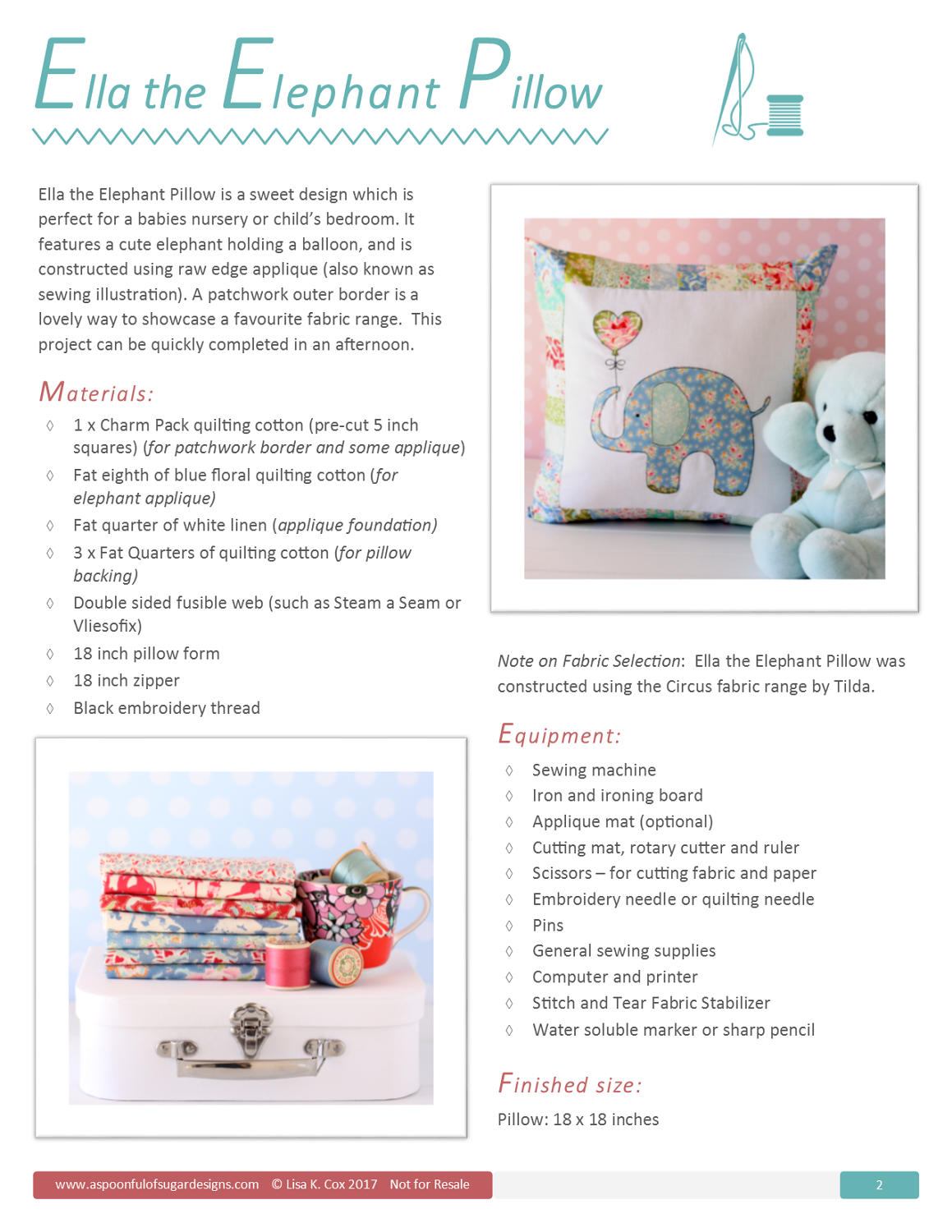 Ella the Elephant Pillow PDF Sewing Pattern; Elephant Pillow Pattern ...