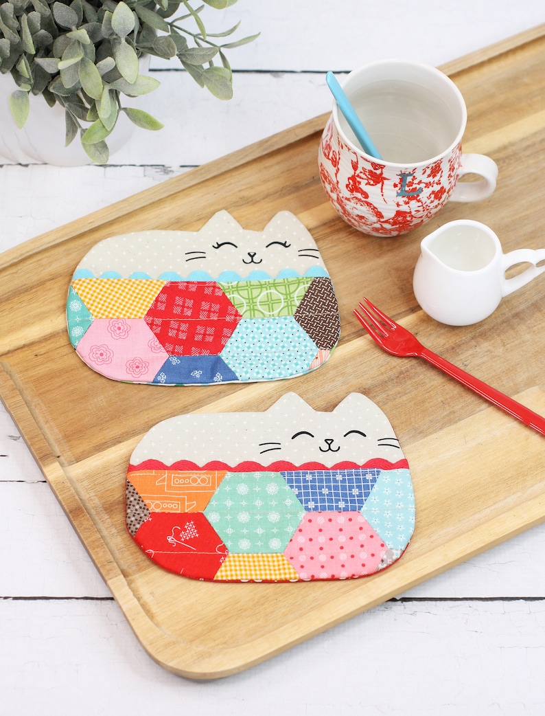 Sleepy Cat Coaster Mug Rug PDF Sewing Pattern; Quilted Coaster; Cute ...
