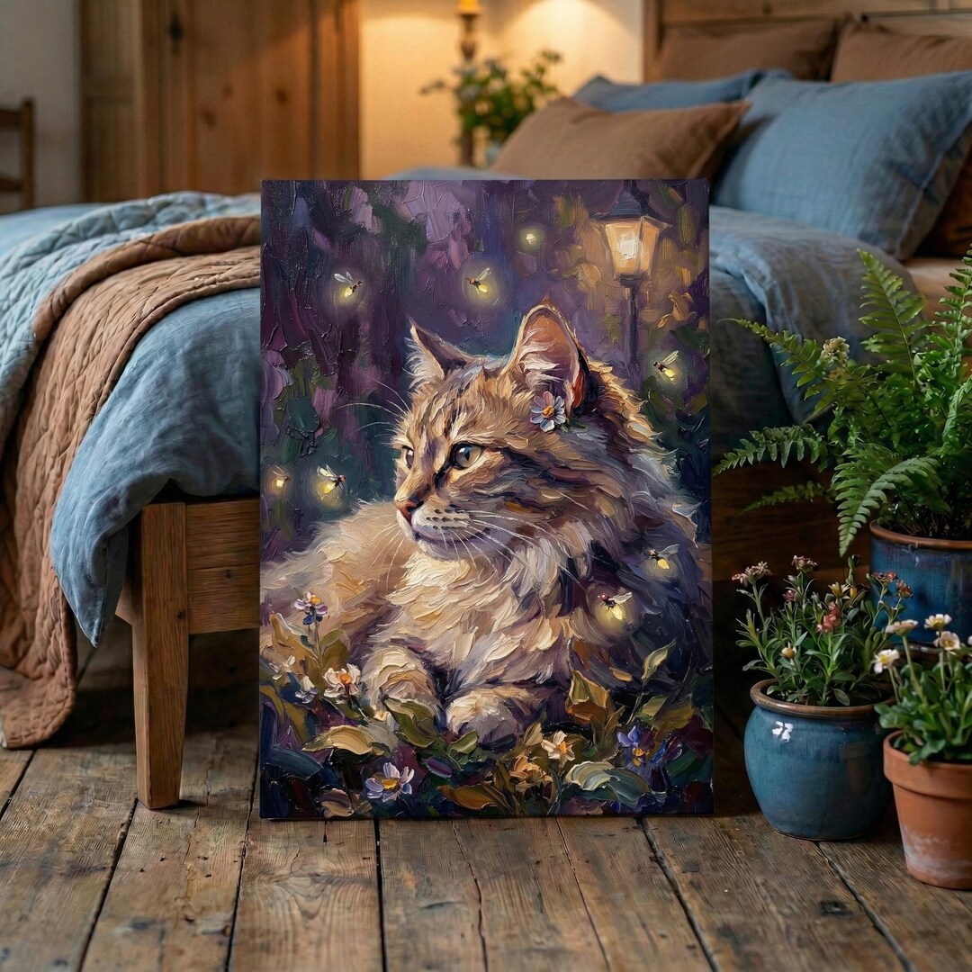 Magical Firefly Cat Wall Art, Fairycore Night Garden Print, Dreamy Room ...