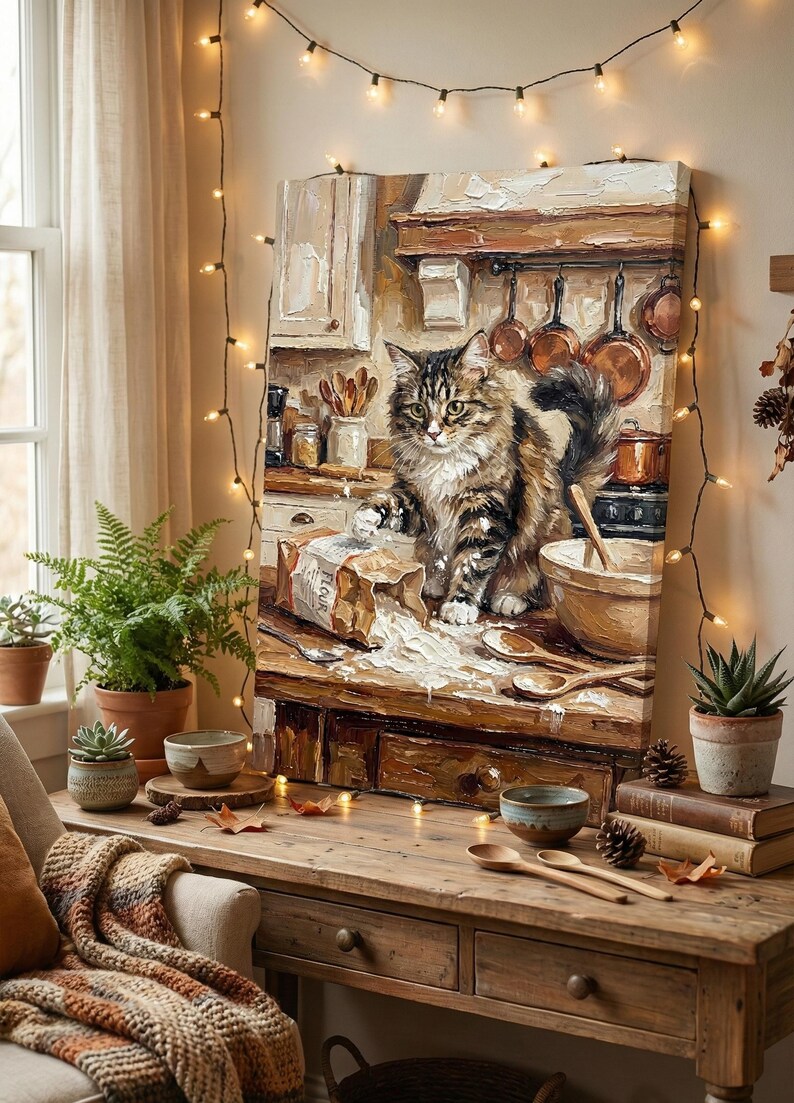 Funny Tabby Cat Baking Bread Art, Kitchen Wall Decor, Baker Gift ...