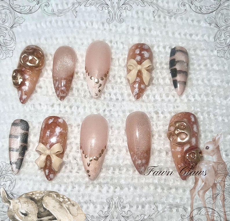 Handmade Fawn Nails, Fawn Spots and 3D Bows, Neutral Nature Deer Nails ...