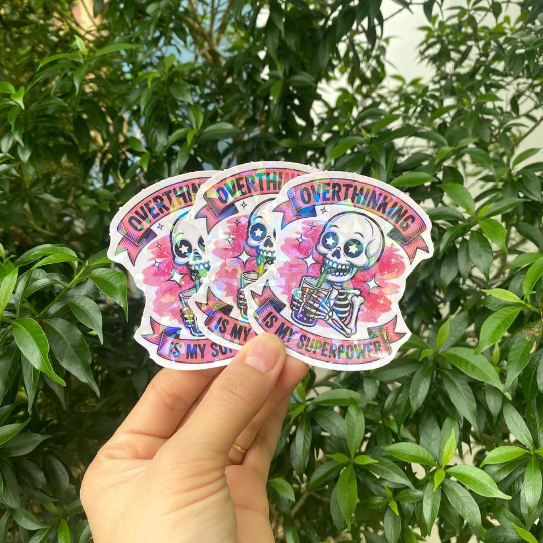 Overthinking Skeleton Holographic Sticker Set - Funny Goth Skull Decals ...