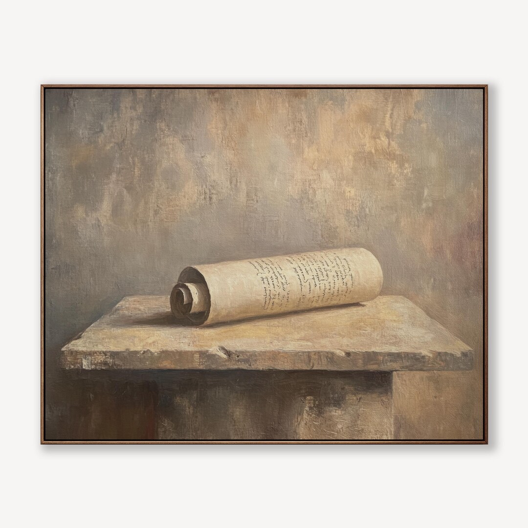 Ancient Scripture Scroll, Vintage Framed Canvas, Minimalist Oil ...