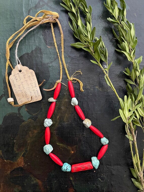 Old Red Glass Hubbell Trading Bead & Turquoise Nugget… - Gem