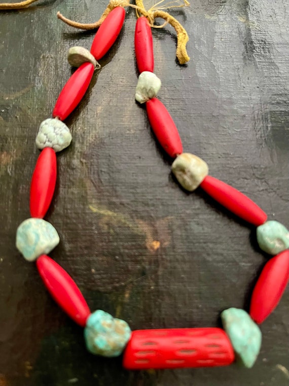 Old Red Glass Hubbell Trading Bead & Turquoise Nugget… - Gem