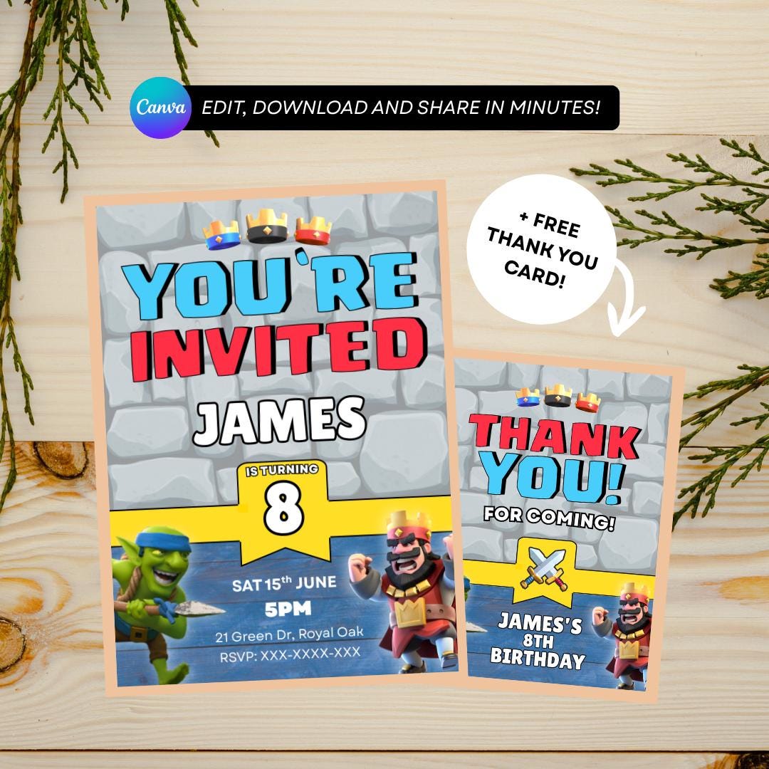 Clash Royale Birthday Invitation: Gaming Theme, Editable Canva Template ...