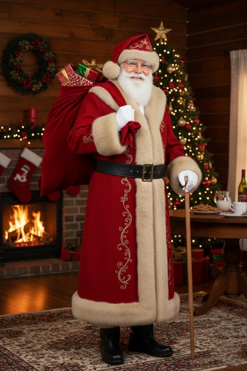 Luxury Wool Santa Claus Costume – Red Coat, Gold Embroidery, Wool ...