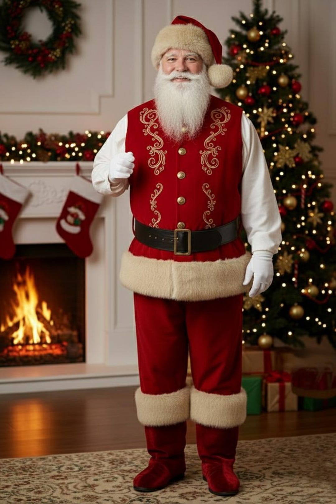 Santa Costume Set – Red Wool Waistcoat, Gold Embroidery, Faux Fur Trim ...