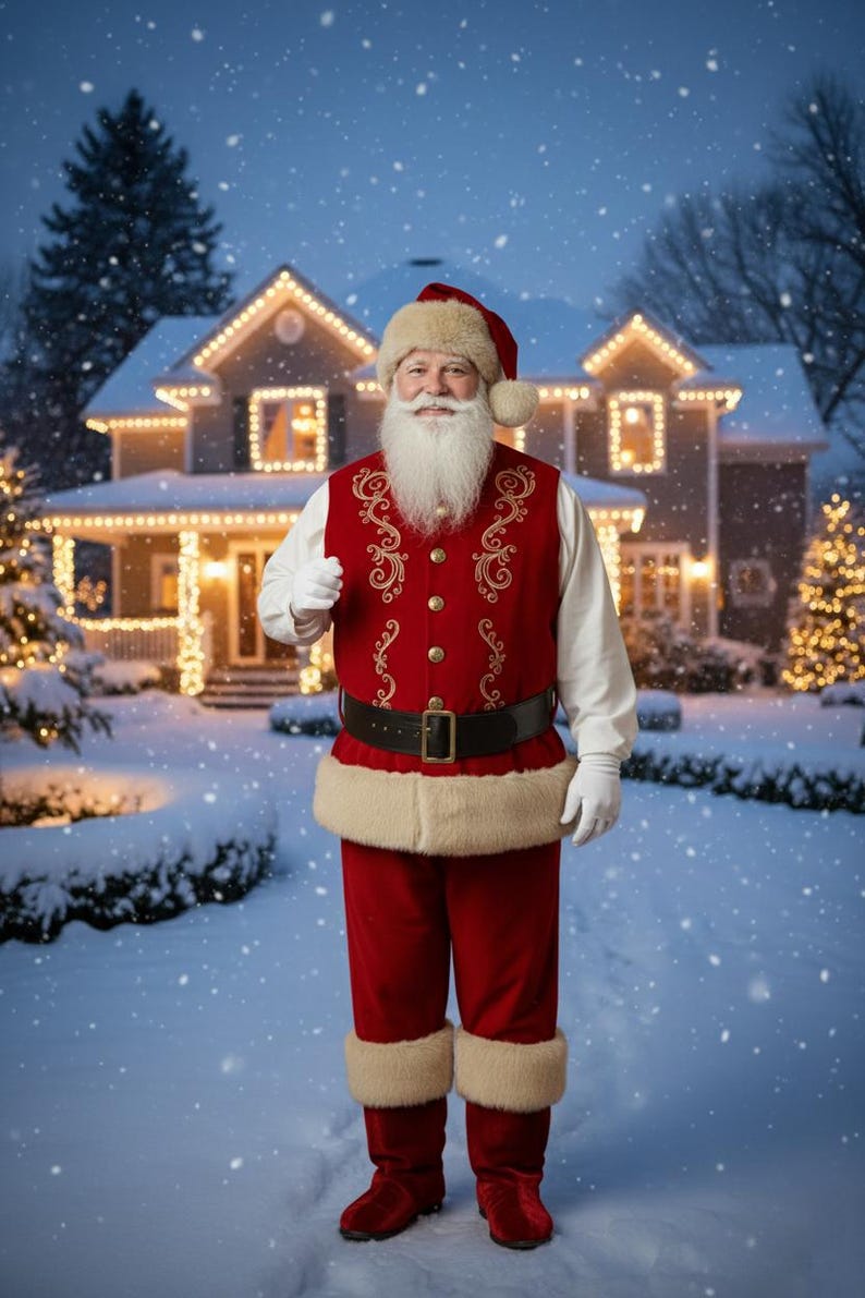 Santa Costume Set – Red Wool Waistcoat, Gold Embroidery, Faux Fur Trim ...