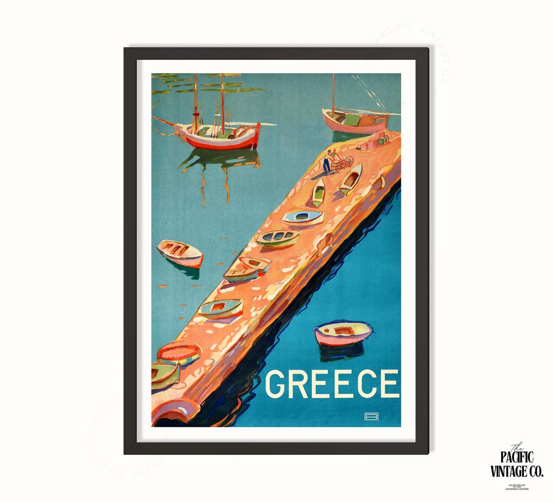 Greece Vintage Travel Poster – Mediterranean Harbor Art Print, Colorful ...