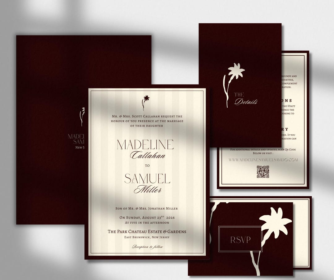 Luxury Burgundy & Cream Wedding Invitation Template Set | Elegant Wine ...