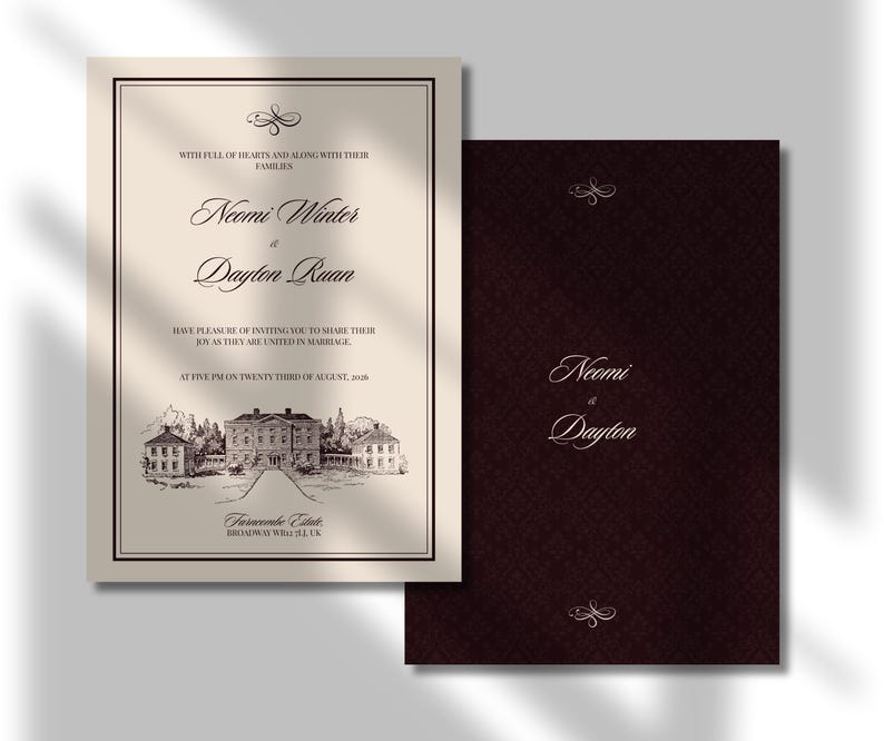 Luxury Burgundy Wedding Invitation Template | Maroon Venue Sketch ...