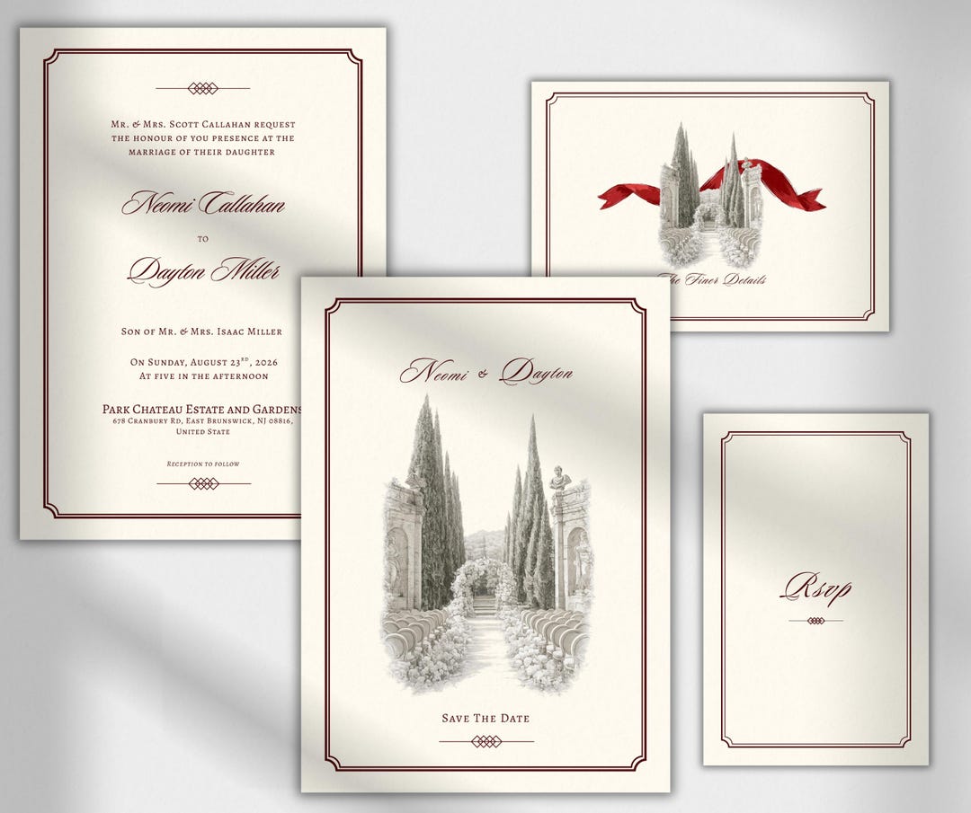 Elegant Venue Sketch Wedding Invitation Suite Template, Luxury Burgundy ...