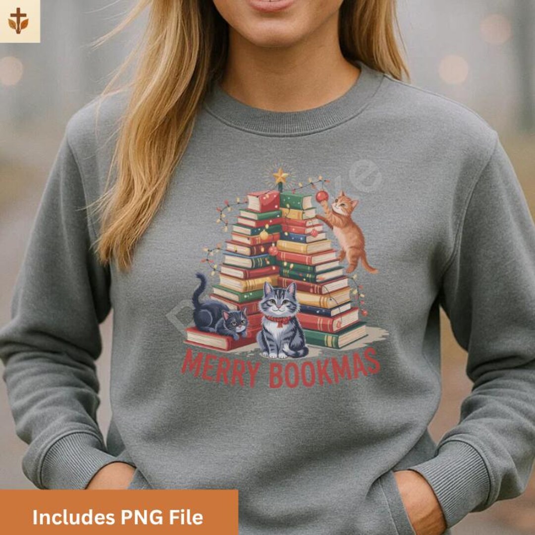 Merry Bookmas Cat Book Tree PNG | Christmas T-shirt Design (digital ...