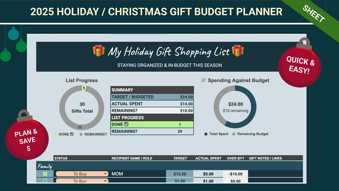 Holiday Gift Budget Planner Spreadsheet (digital) | Christmas Shopping ...