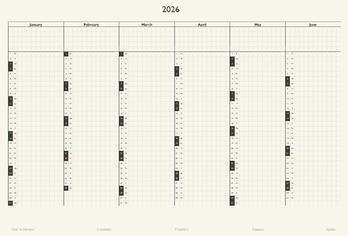 2026 Digital Planner | Dated Horizontal Layout | Mo-su + Su-sa ...
