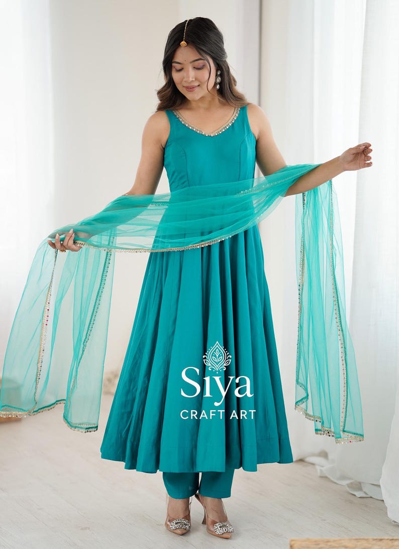 Buy Aqua Blue Anarkali Suit for Women | Roman Silk Zari Mirror Work ...