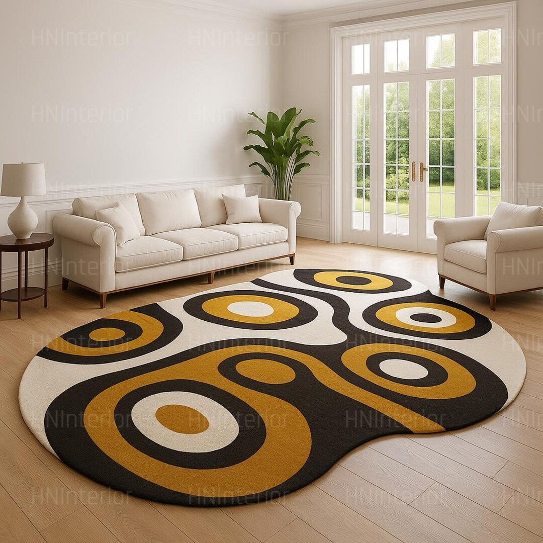 Retro Mustard Swirl Area Rug | Mid Century Modern Oval Carpet - Etsy