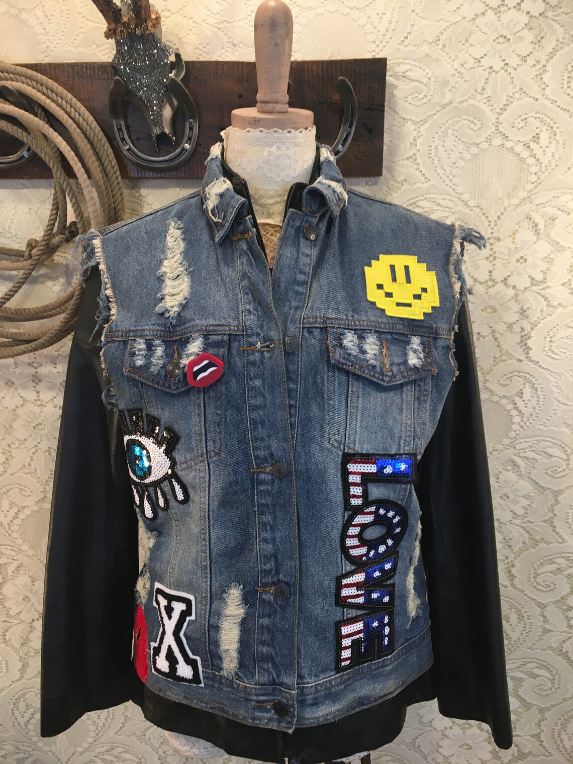 One Woman Show Embellished Denim Vest With Patches Size | Etsy
