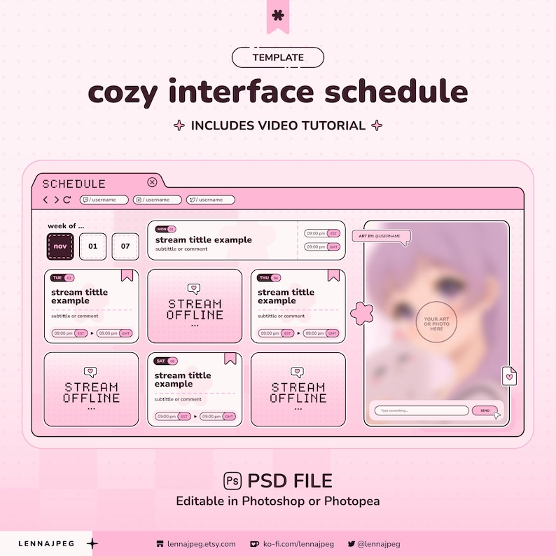 Cozy Pink Stream Schedule Template for Vtubers and Streamers Editable ...