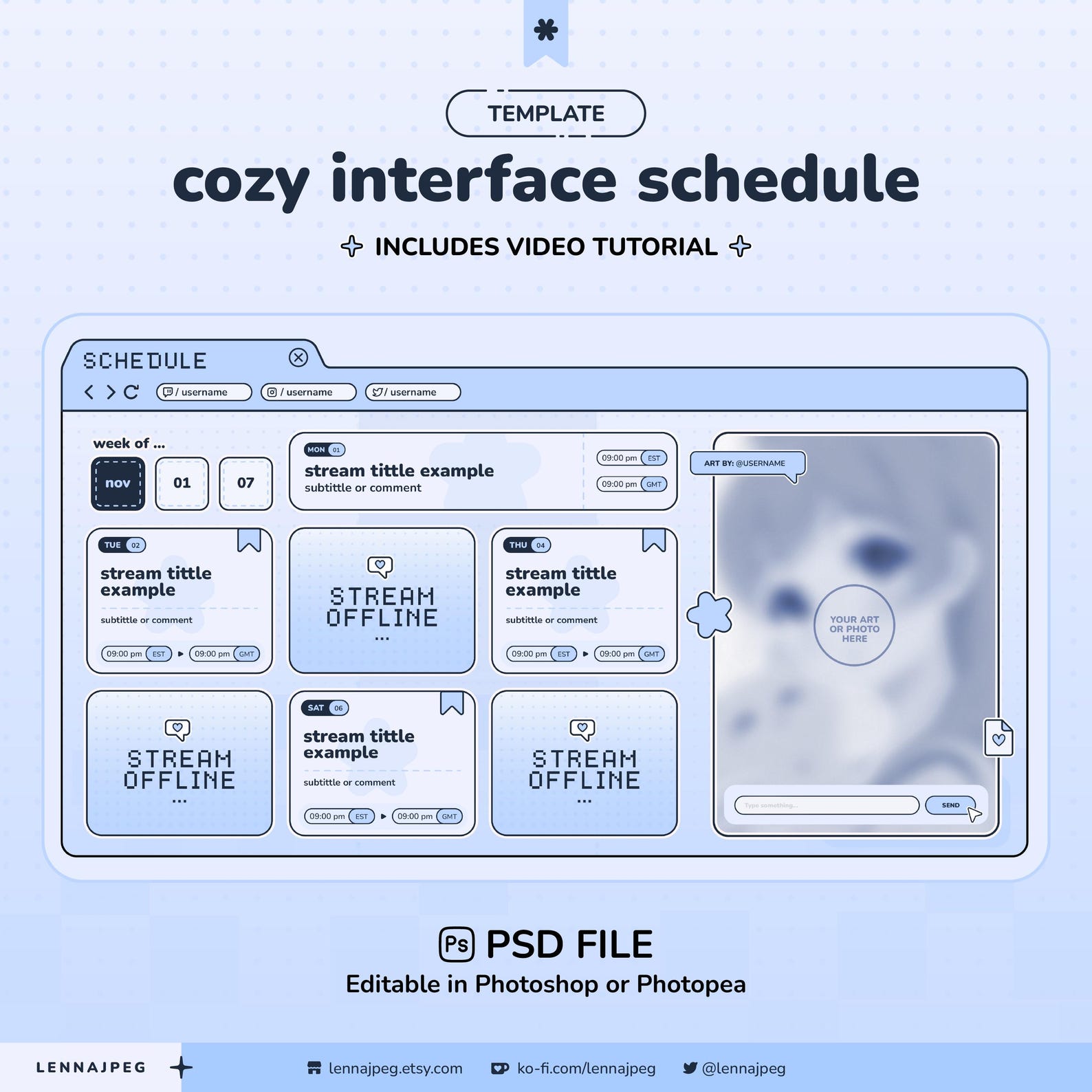 Cozy Blue Stream Schedule Template for Vtubers and Streamers Editable ...
