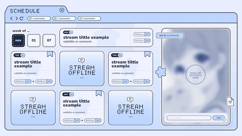 Cozy Blue Stream Schedule Template for Vtubers and Streamers Editable ...
