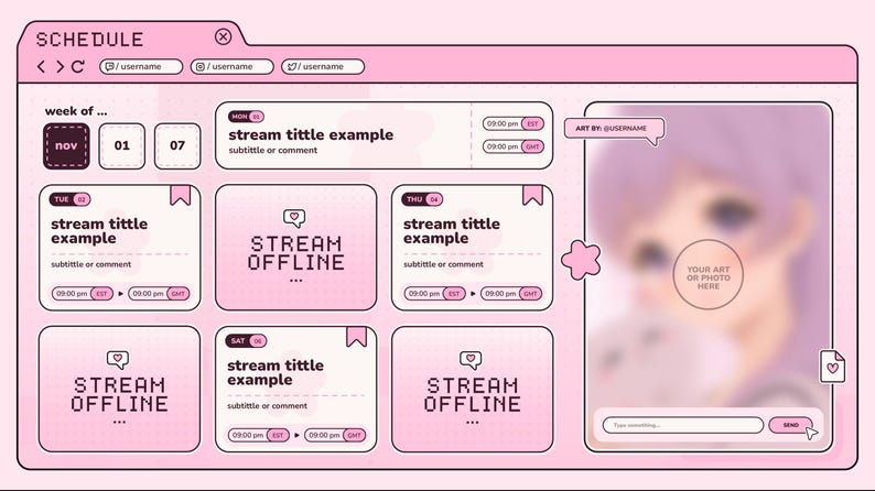 Cozy Pink Stream Schedule Template for Vtubers and Streamers Editable ...