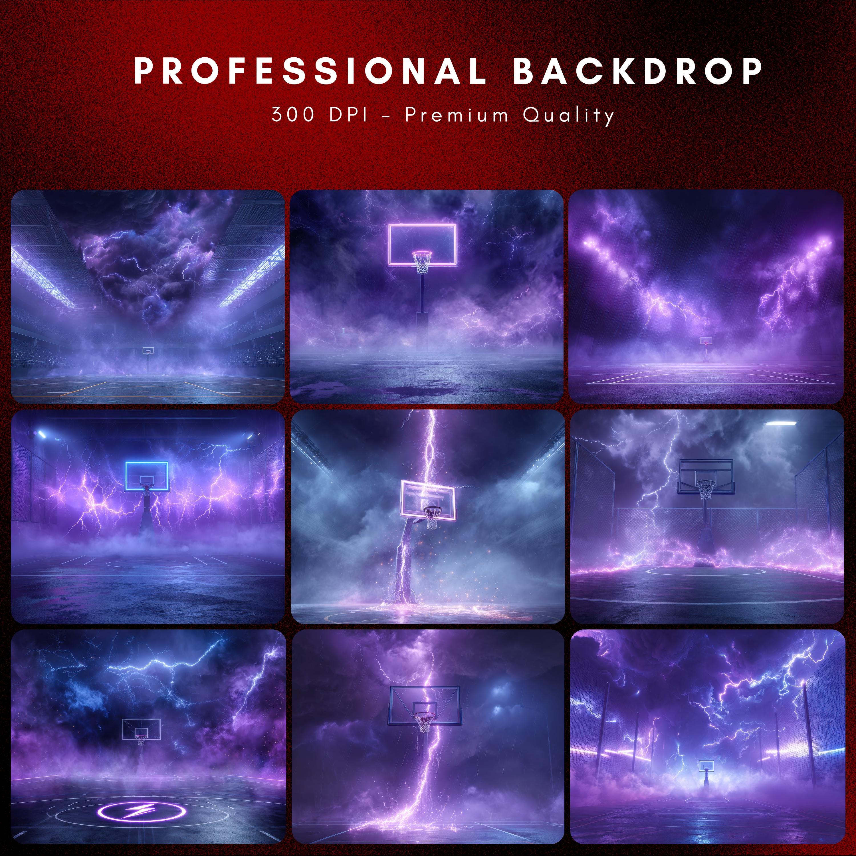 Electric Storm Basketball Backdrop, Lightning Court Background, Purple ...