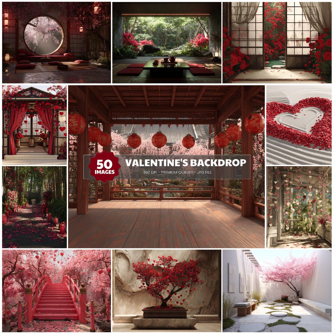 50 Zen Japanese Garden Valentine's Digital Backdrops, Romantic Sakura ...