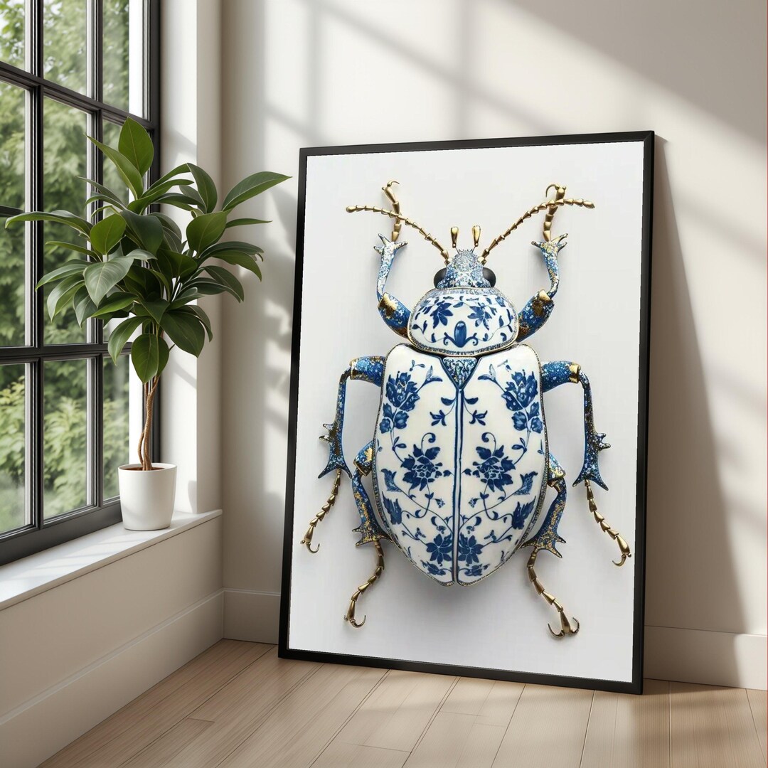 Blue and White Porcelain Beetle Canvas Wall Art, Floral Insect Decor - Etsy