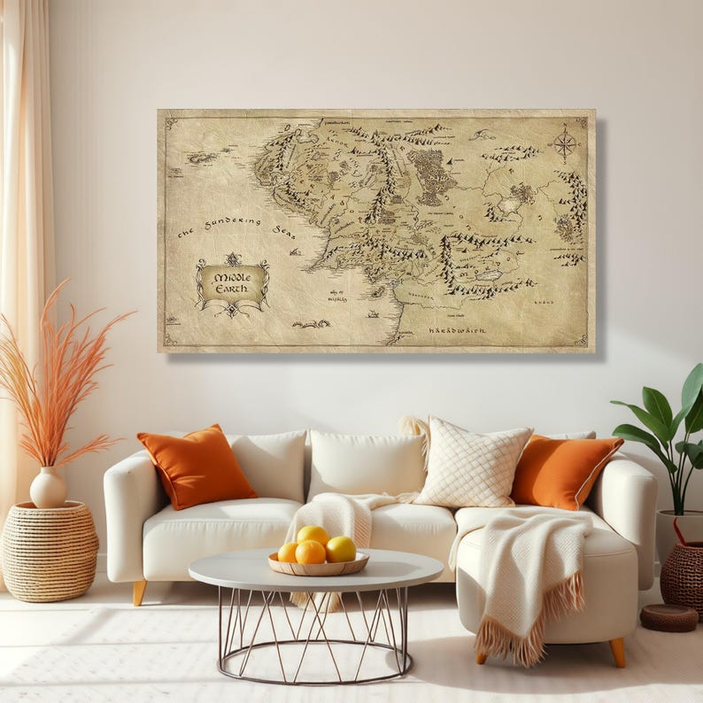 Vintage Middle Earth Map Canvas, Fantasy World Wall Art, Old Style ...