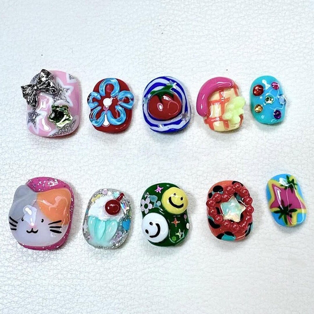 Handmade Y2K Mix Press on Nails | 3D Cat, Cherry & Smiley Design ...