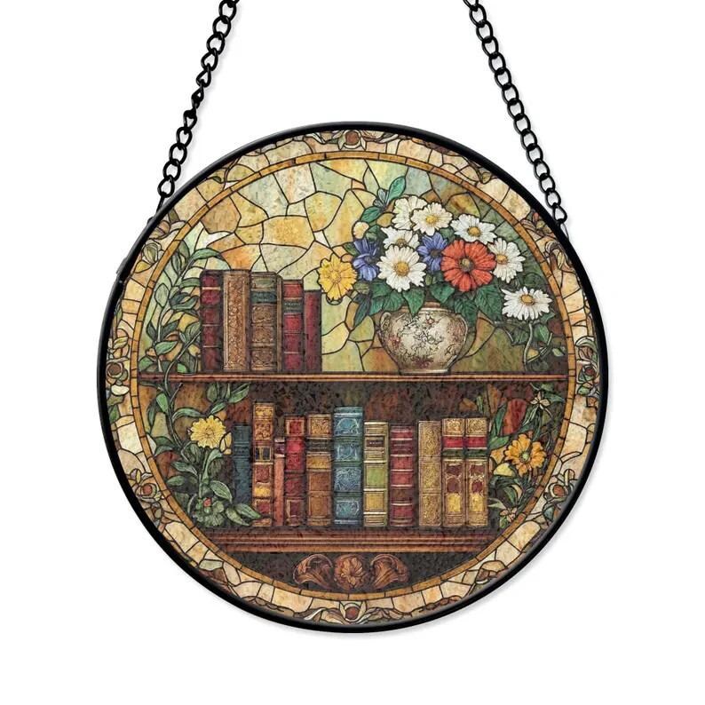 Bookshelf Stained Glass Suncatcher, Literary Stained Glass, Floral Book ...