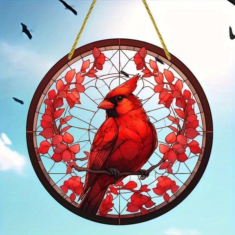 Red Cardinal Round Hanging Decor Bird Suncatcher Window Wall Art Home ...