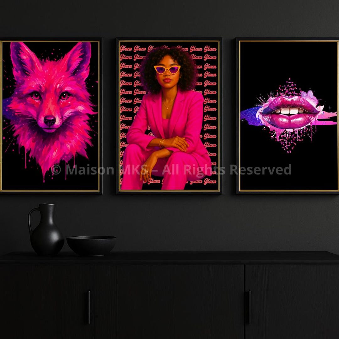 Pack 3 Posters – Neon Pop Art • Glam Neon Girl + Neon Lips + Neon Fox ...