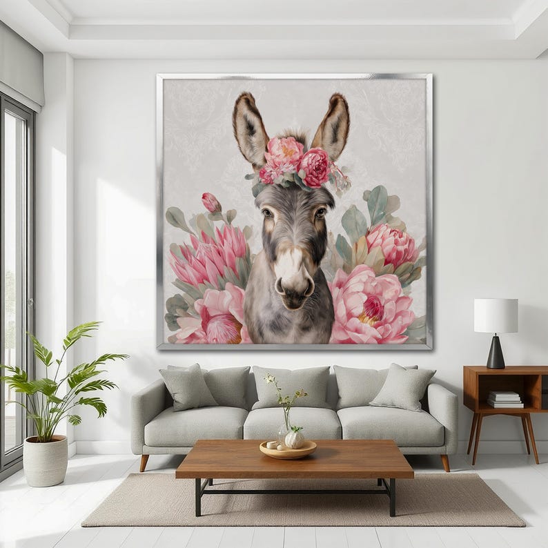 Floral Donkey Canvas Painting, Cute Animal Wall Art With Pink Peonies ...